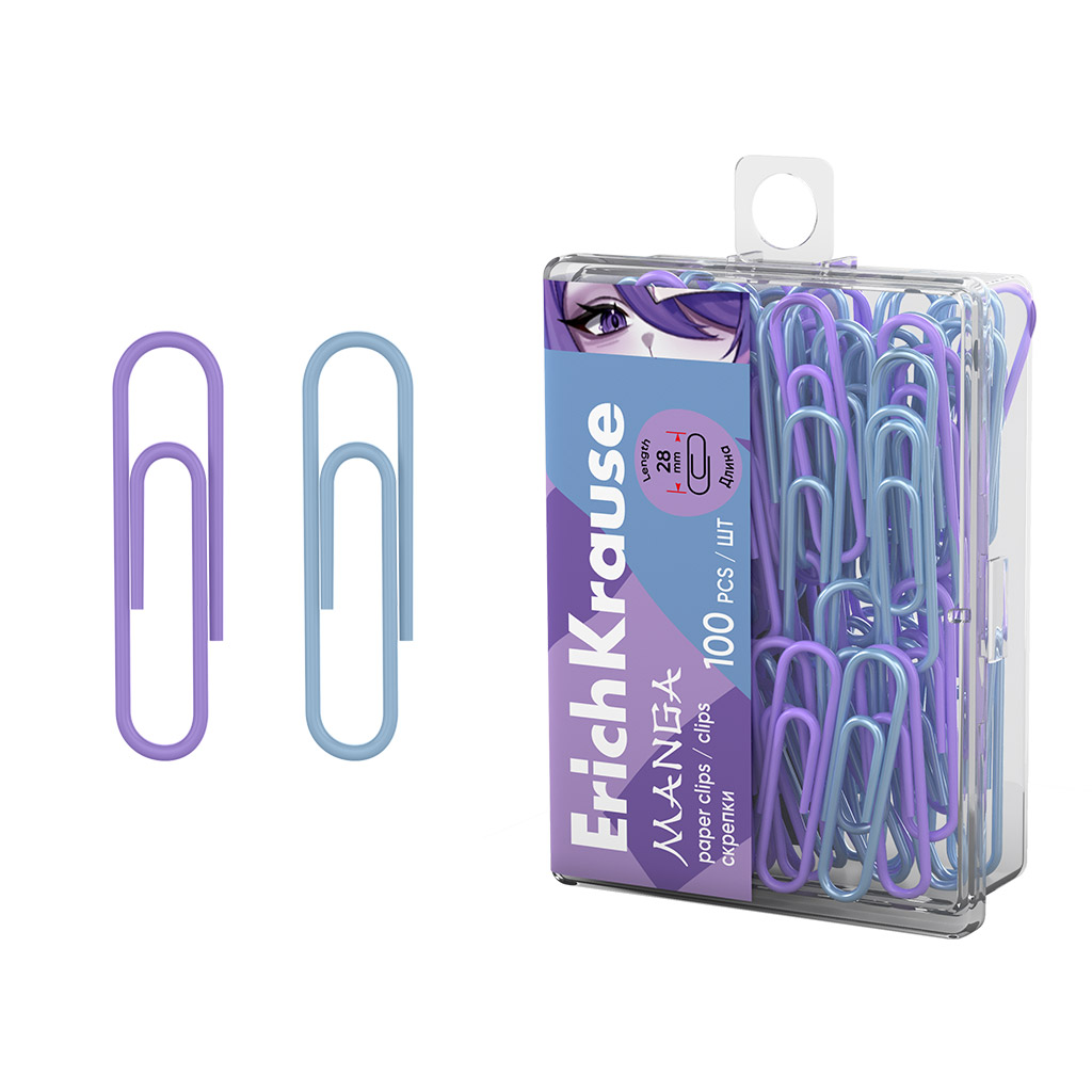 Paper clips vinyl coated ErichKrause Manga, 28mm, assorted (plastic box ...